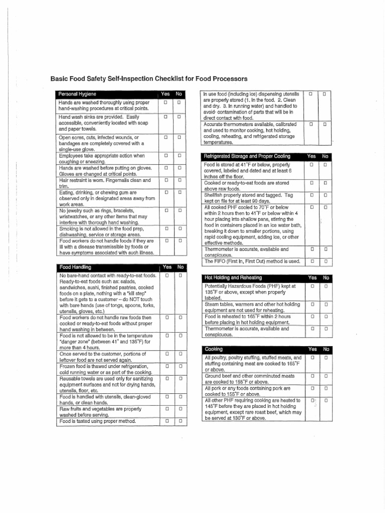 Food Safety Self-Inspection Checklist | PDF | Food And Drink Preparation