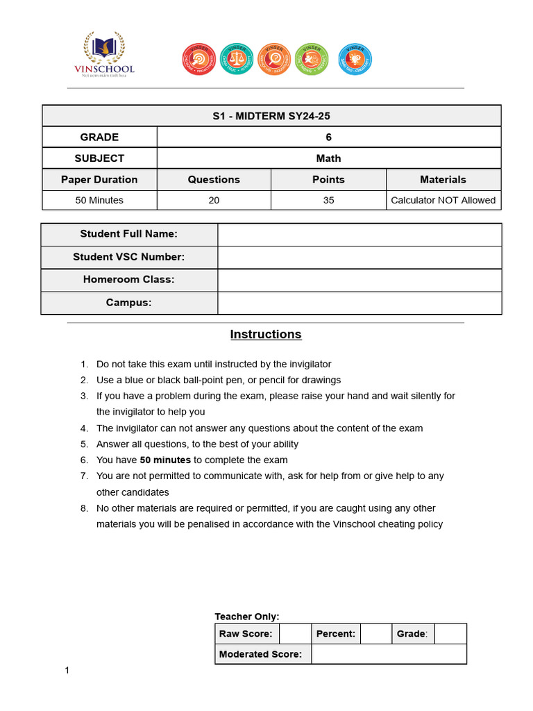 Grade 6 Math Midterm Exam SY 24-25 | PDF | Mathematics