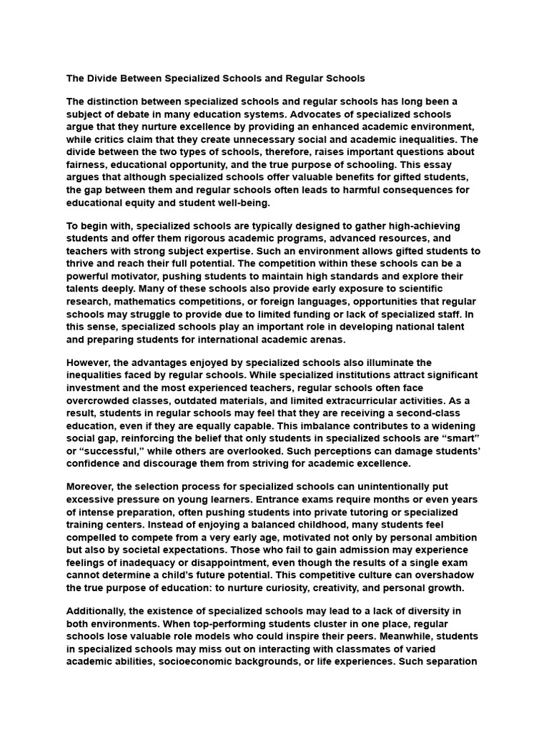 Specialized Schools Vs Regular Schools (Essay 1) | PDF | Gifted ...