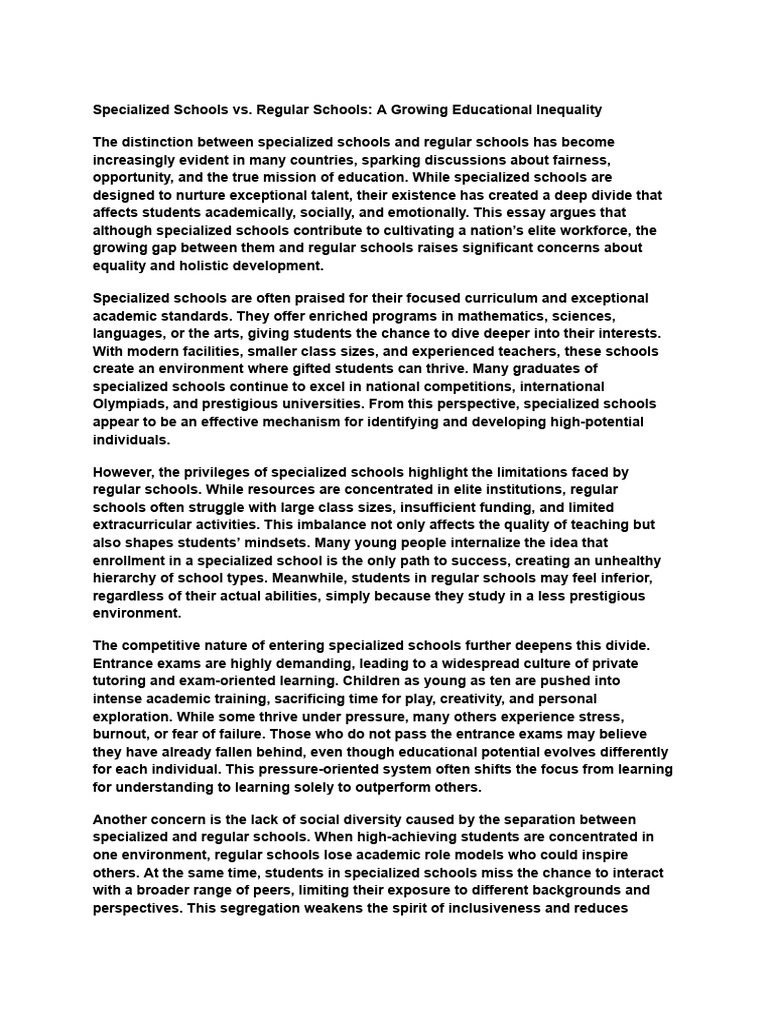 Specialized Schools Vs Regular Schools (Essay 2) | PDF | Creativity ...