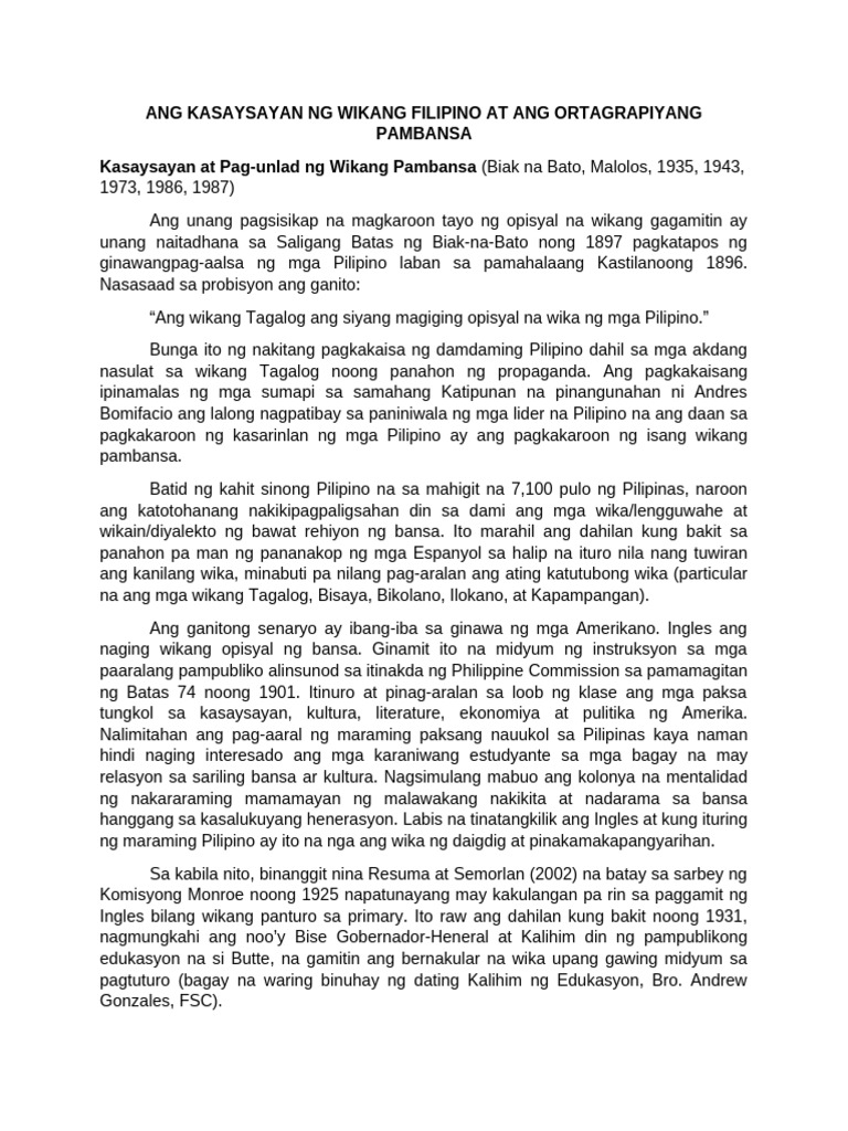 Ang Kasaysayan Ng Wikang Filipino at Ang Ortagrapiyang Pambansa | PDF
