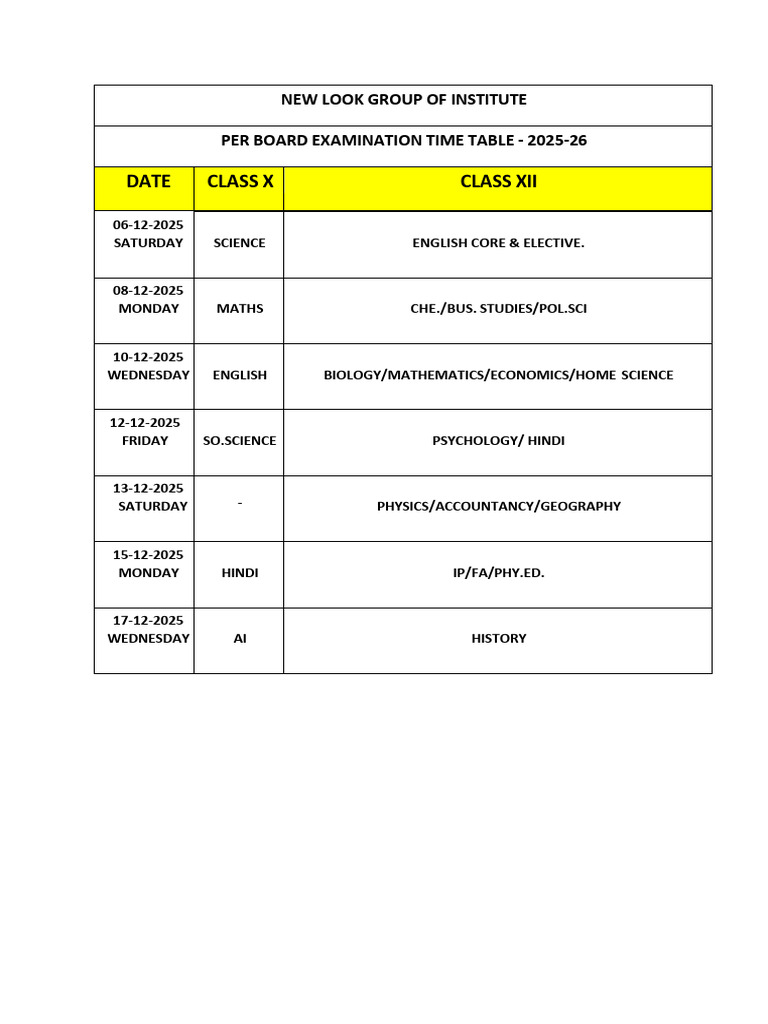 2025-26 Board Exam Timetable | PDF