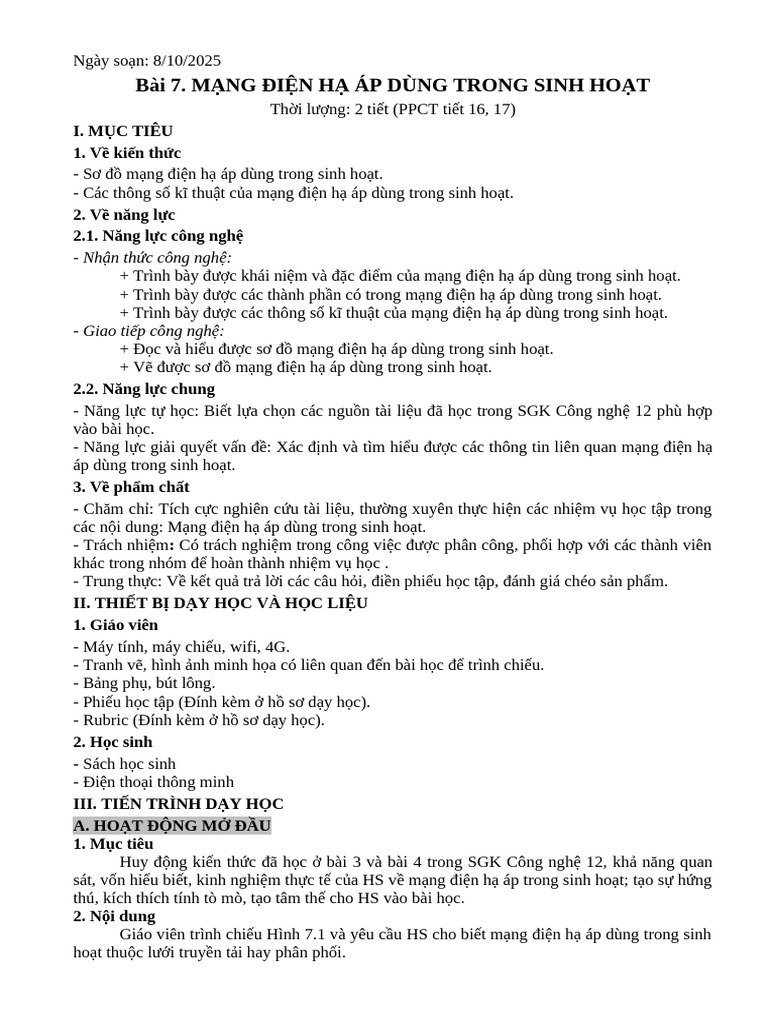 Bài 7 - Mạng Điện Hạ Áp Dùng Cho Sinh Hoạt | PDF