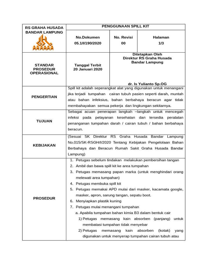 Prosedur Penggunaan Spill Kit RS Graha Husada | PDF
