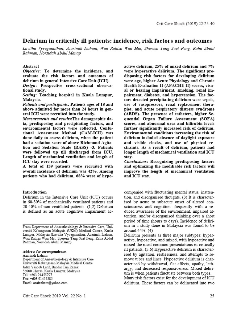 Delirium in ICU Patients: Incidence & Risks | PDF | Intensive Care Unit ...