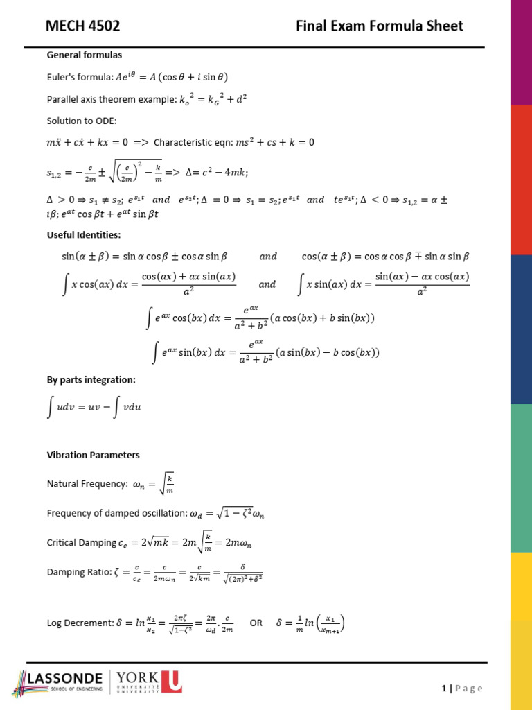 Final Exam Formula Sheet | PDF | Damping | Applied Mathematics