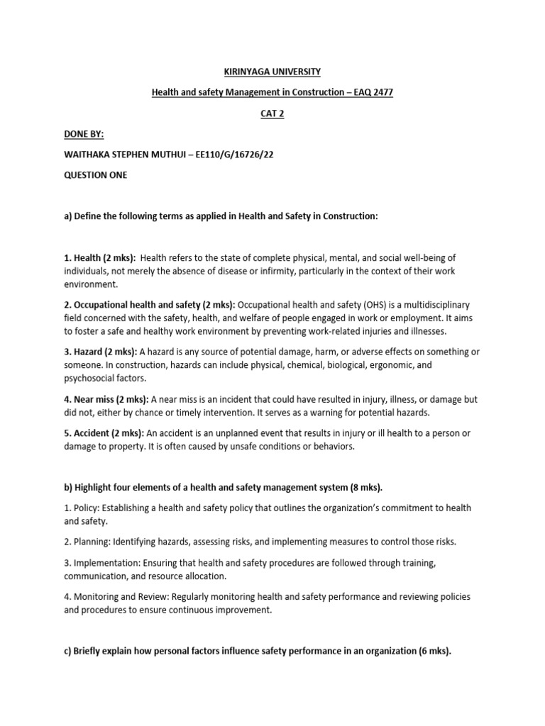 Waithaka Stephen Muthui EAQ 2477. | PDF | Occupational Safety And ...