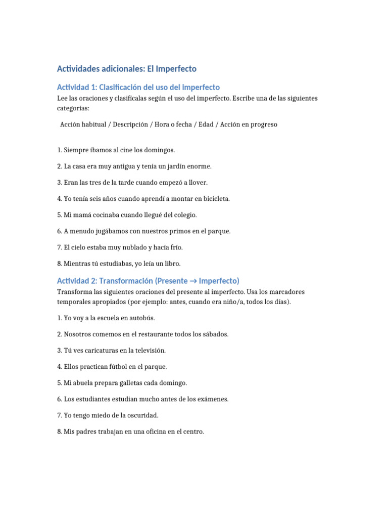 Imperfecto Actividades Clasificacion Transformacion | PDF