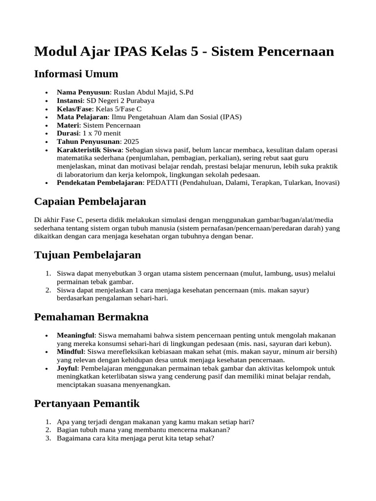 Modul IPAS Kelas 5: Sistem Pencernaan | PDF