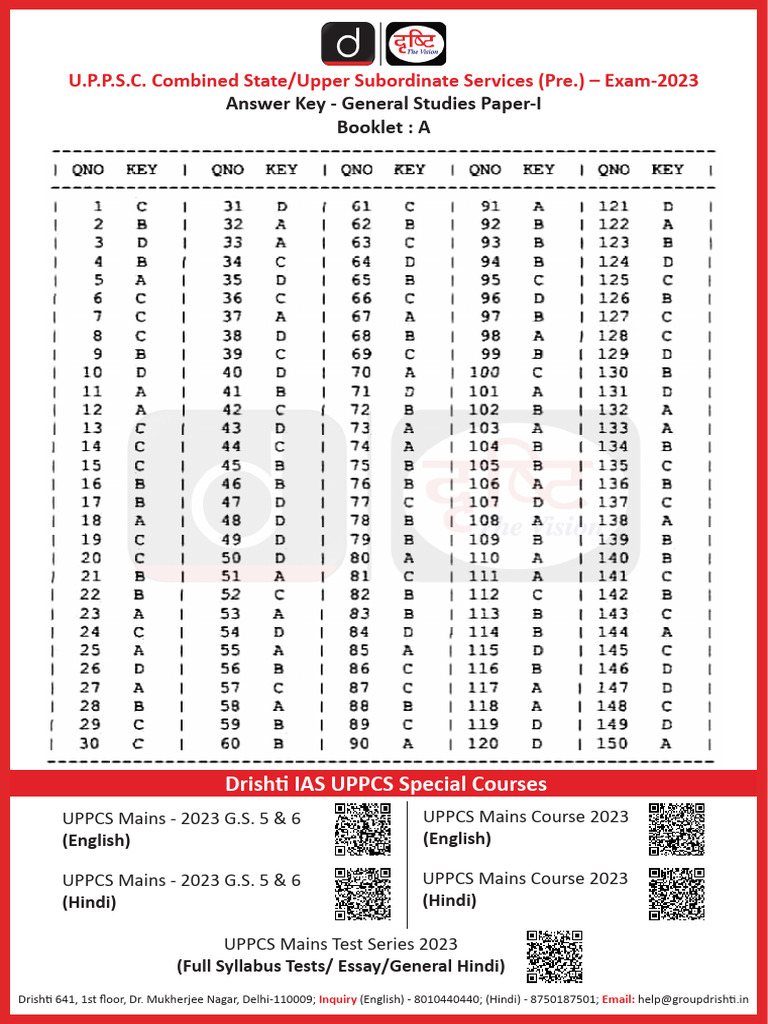UPPSC Official Answer Key Paper I | PDF