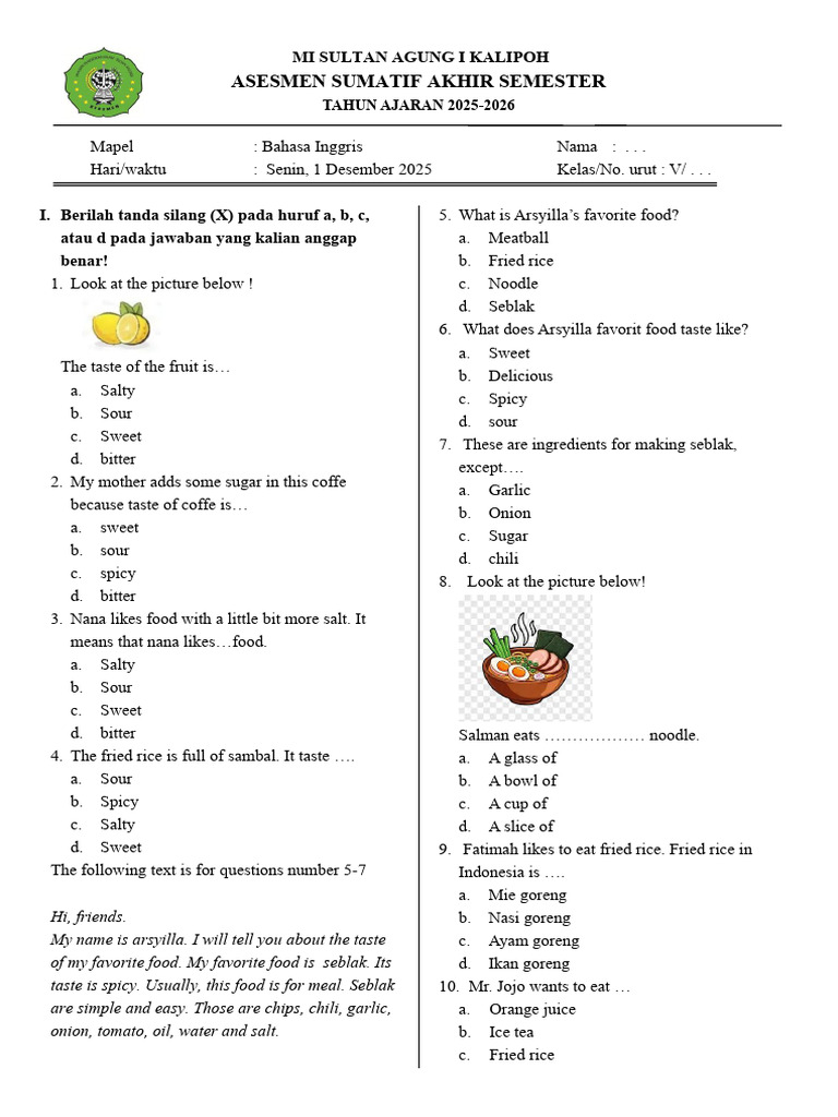 Soal ENG Des 2025 | PDF | Taste | Foods
