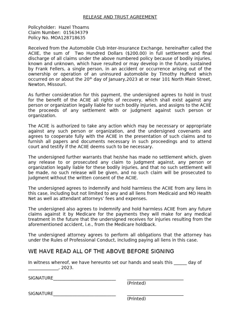 Release and Trust Agreement for Claim 015634379 | PDF | Indemnity ...