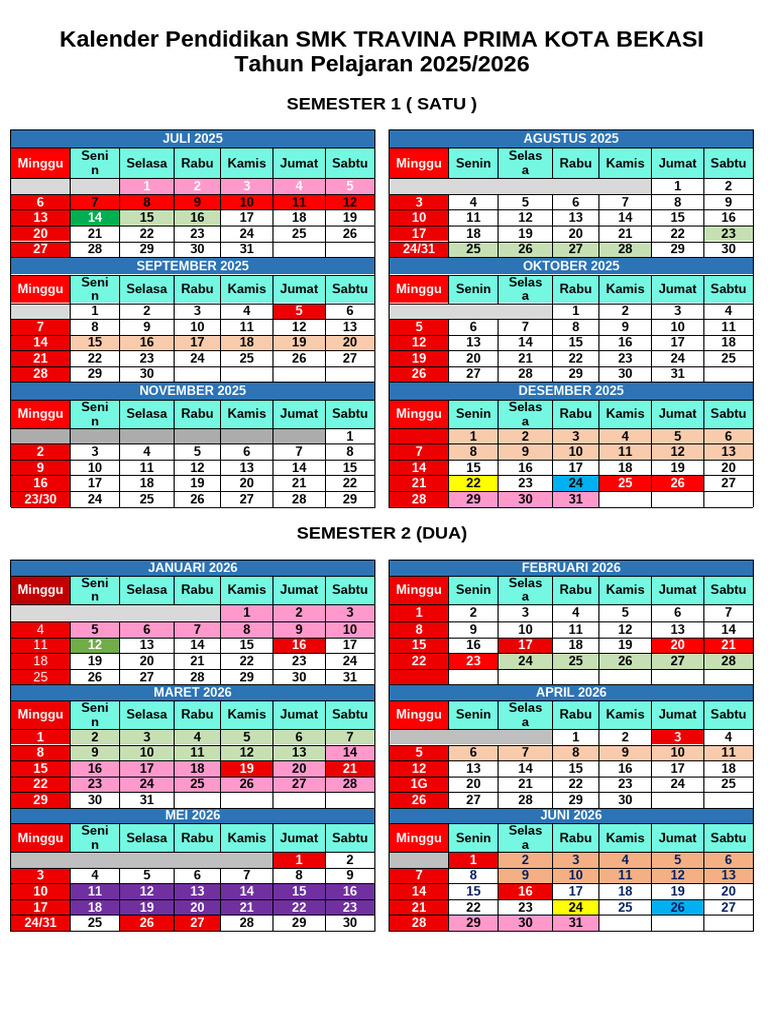 Kalender Pendidikan SMK Travina 2025/2026 | PDF