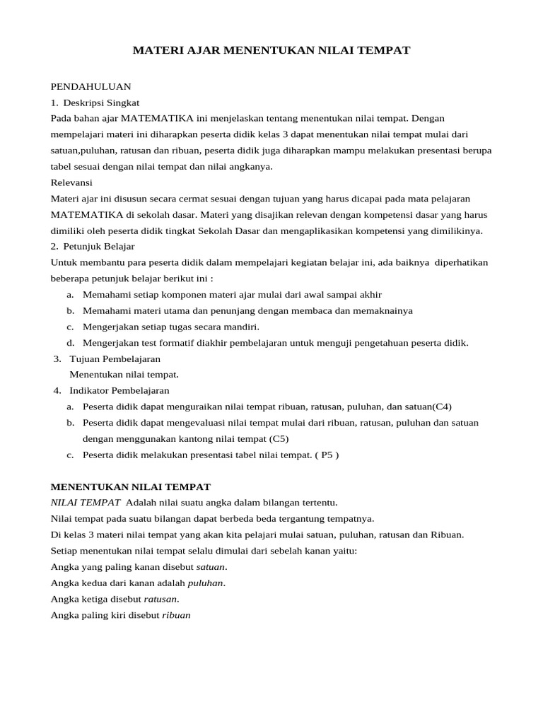 Panduan Menentukan Nilai Tempat Matematika | PDF