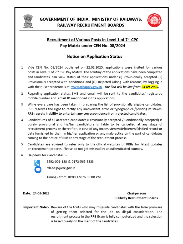 Notice on Application Status CEN 08 2024 Combined | PDF