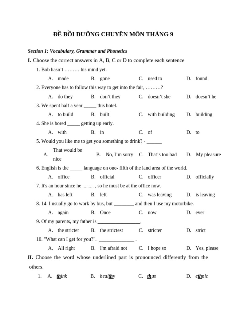 ĐỀ BDCM THÁNG 9-10 | PDF | Teachers | English Language