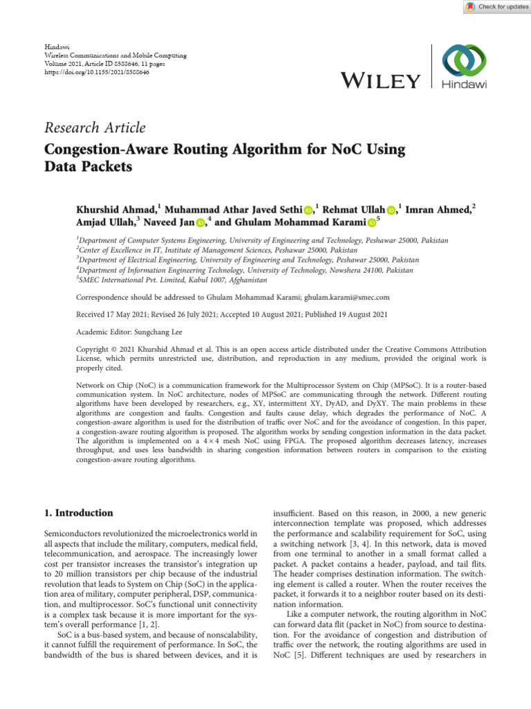 Wireless Communications and Mobile Computing - 2021 - Ahmad - Congestion‐Aware Routing Algorithm ...