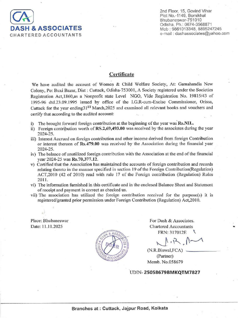 Certificate FCRA Return2024-25 | PDF