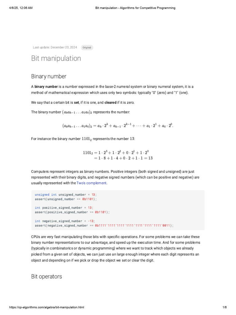 Bit Manipulation - Algorithms For Competitive Programming | PDF ...