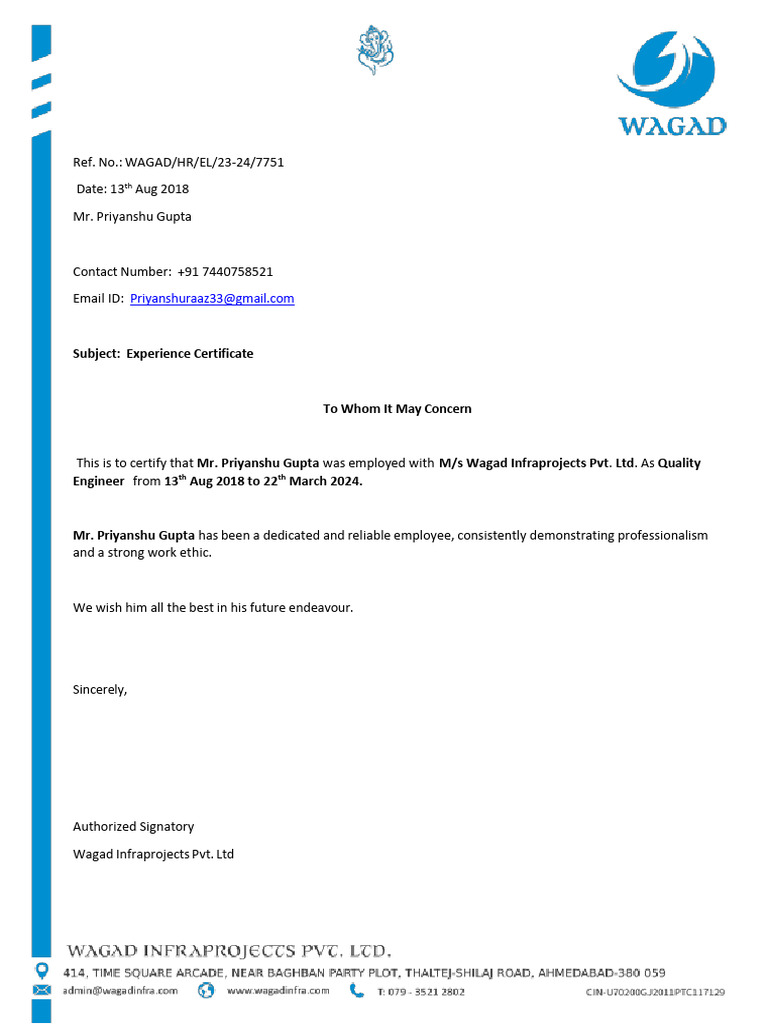 Priyanshu Gupta Experience Certificate | PDF