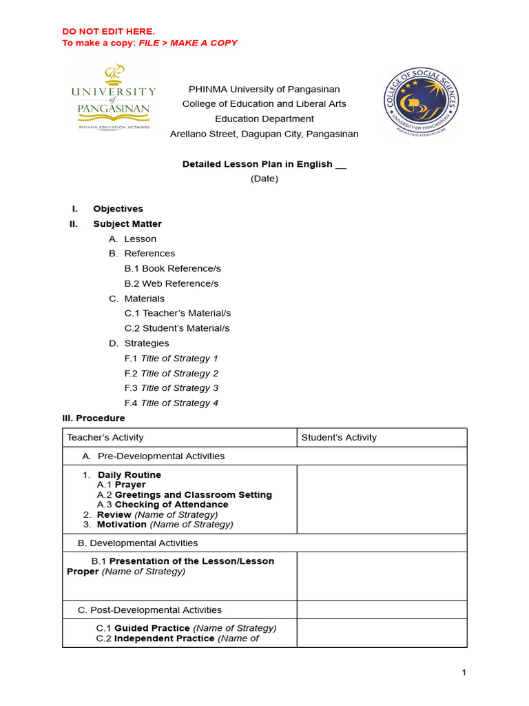Detailed English Lesson Plan Template | PDF