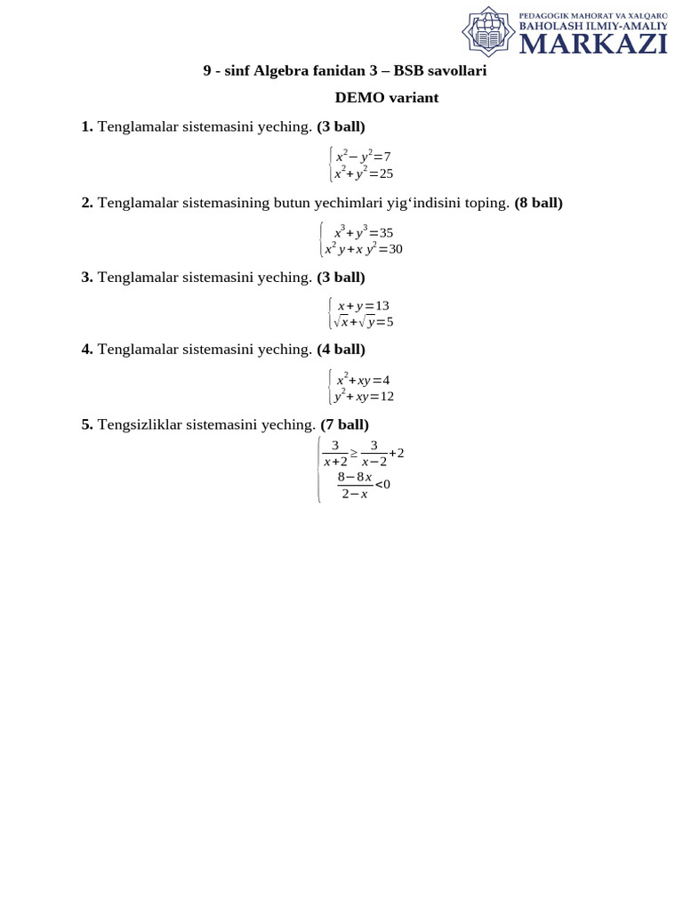 II Chorak 9 Sinf Algebra Ixtisos BSB-3 Demo | PDF