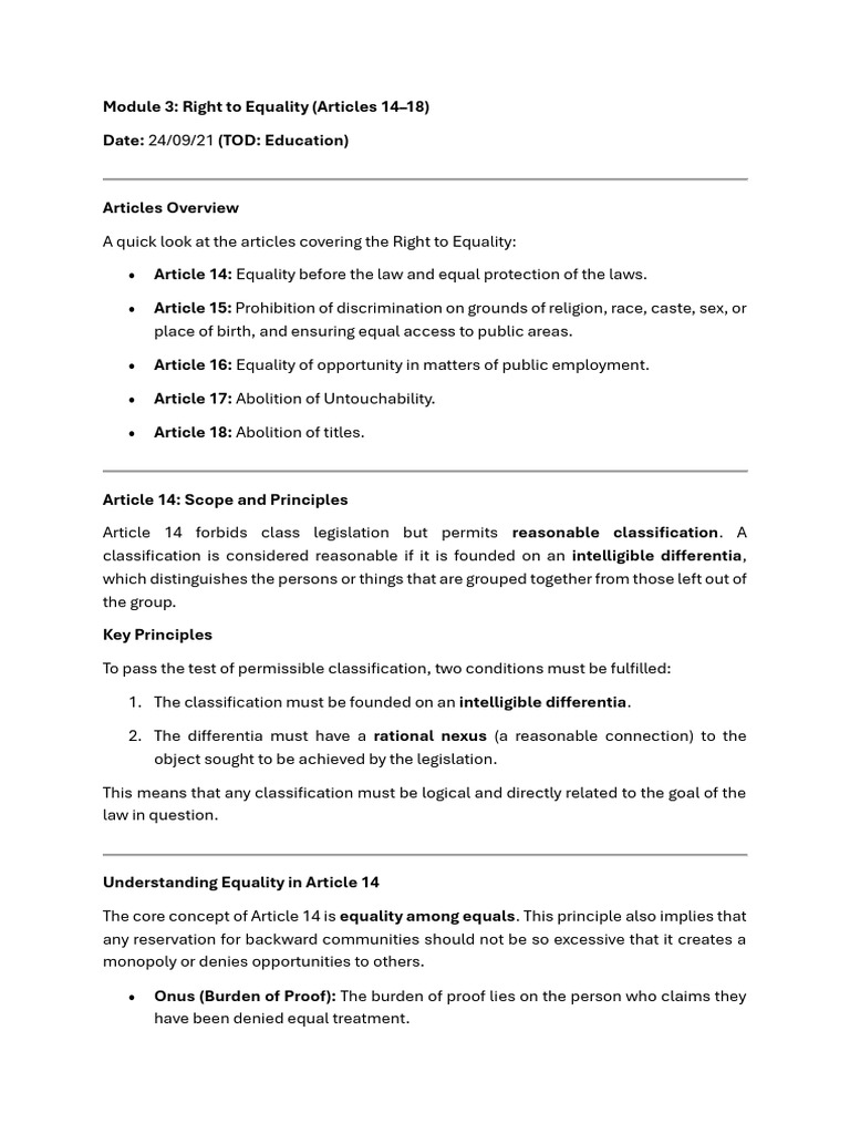 01 Right To Equality Art 14 | PDF | Justice | Crime & Violence