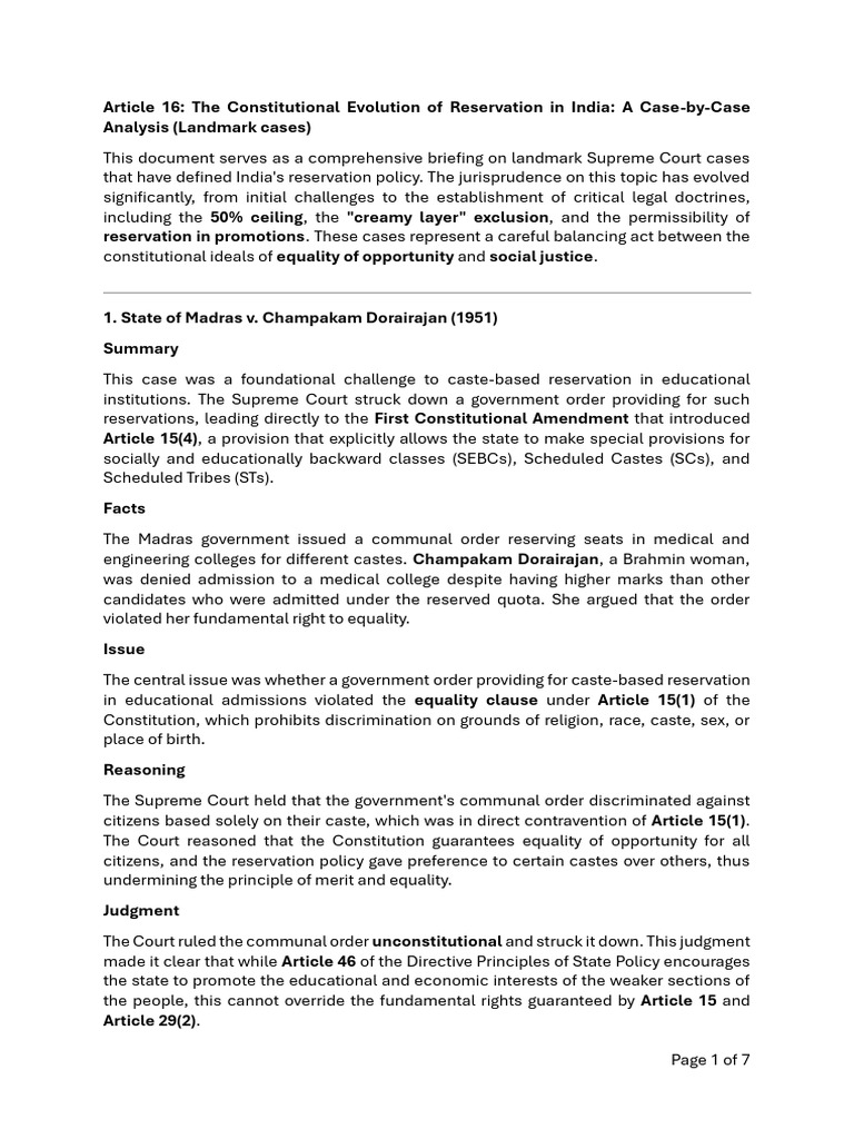 01 Article 16 Landmark Cases On Reservations | PDF | Government | Justice