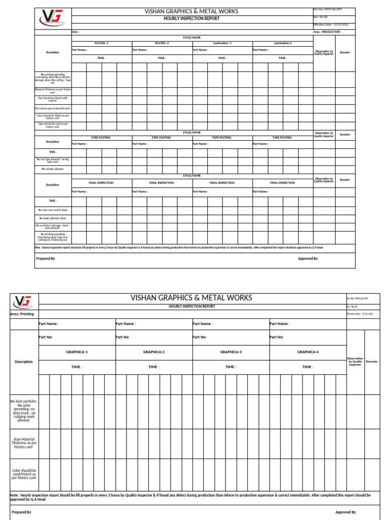 FRM Qa 009 Hourly Inspection Report | PDF | Materials