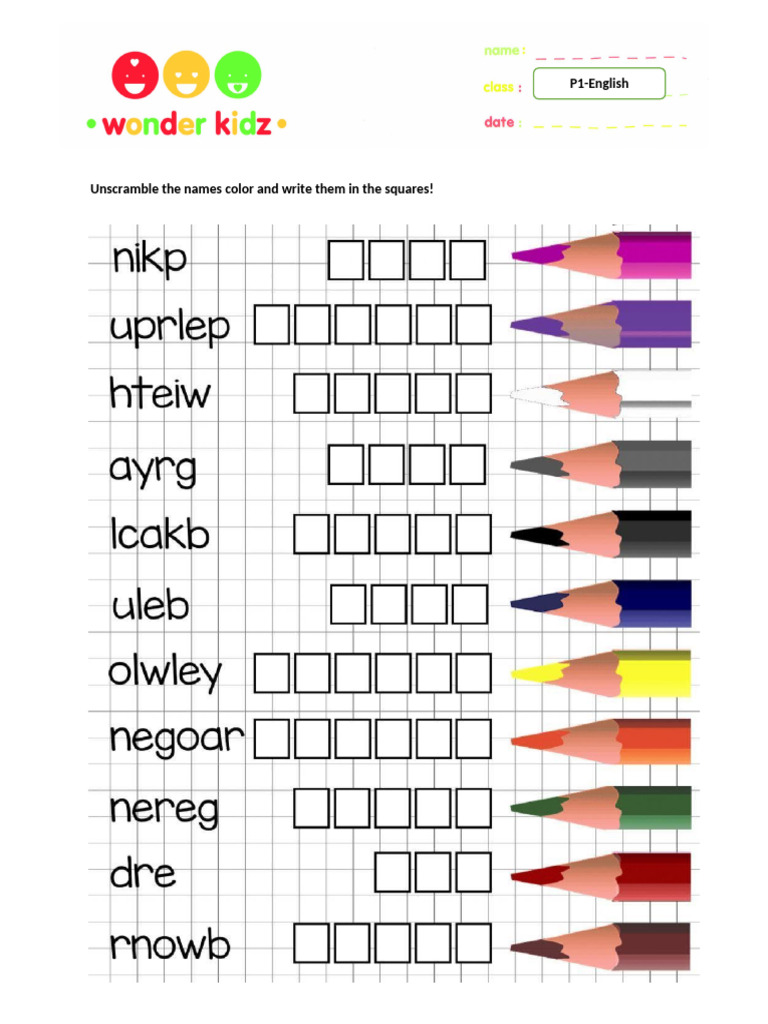 Unscramble The Names Color and Write Them in The Squares | PDF