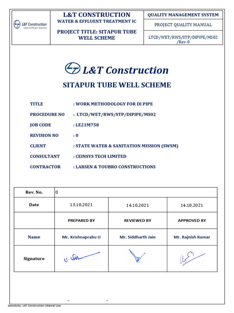 Method Statement for DI Pipeline Work | PDF | Pipe (Fluid Conveyance ...