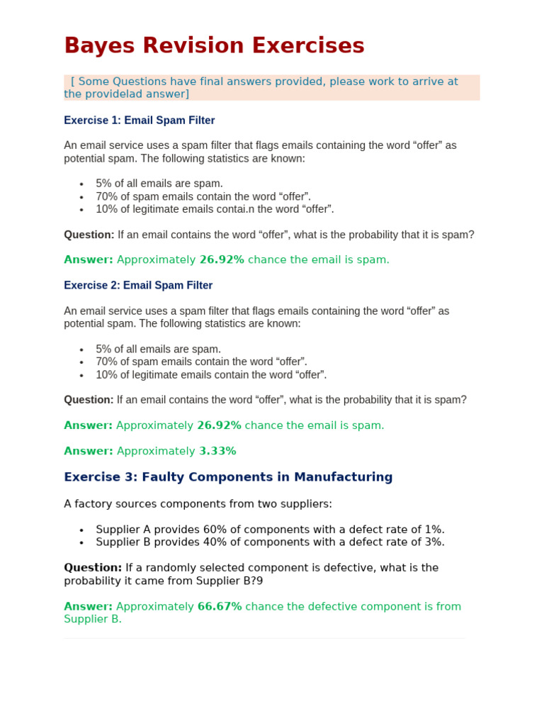 Bayes' Theorem Exercises for Applications | PDF | Sensitivity And ...
