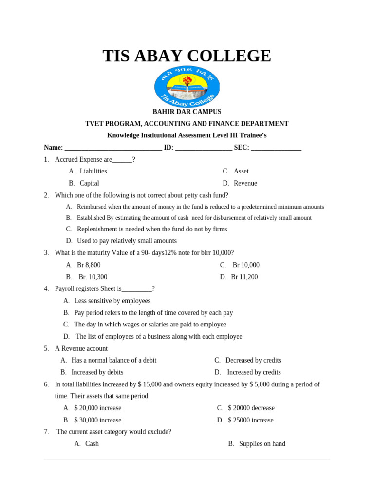 Institutional Assessment Model or Master Print For Level III Trainee's ...