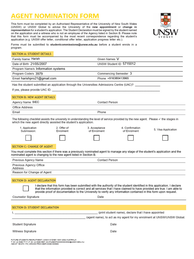 UNSW Agent Nomination Form Guide | PDF
