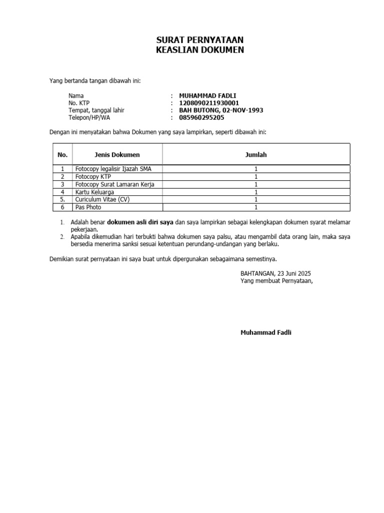 Muhammad Fadli Surat Pernyataan | PDF