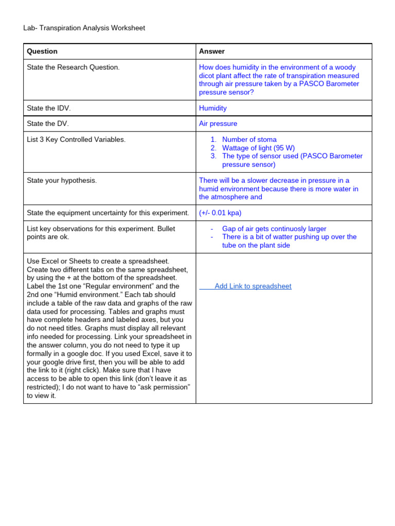 IB Bio - Lab - Transpiration Analysis Worksheet | PDF | P Value ...