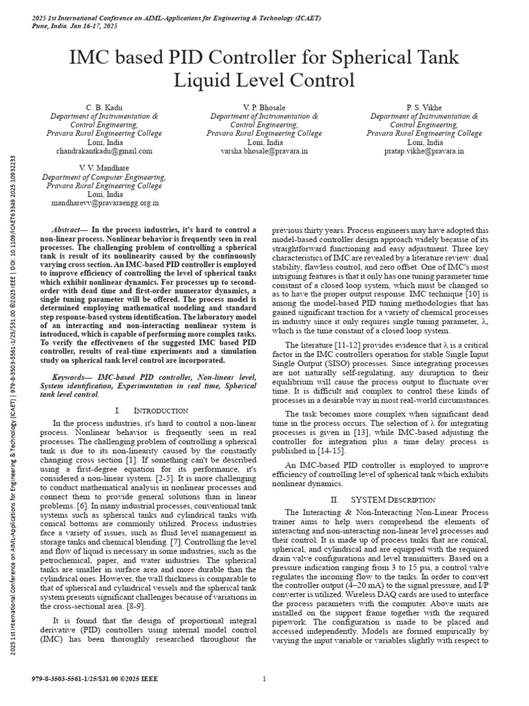 IMC-PID Controller for Spherical Tank Control | PDF | Control Theory ...