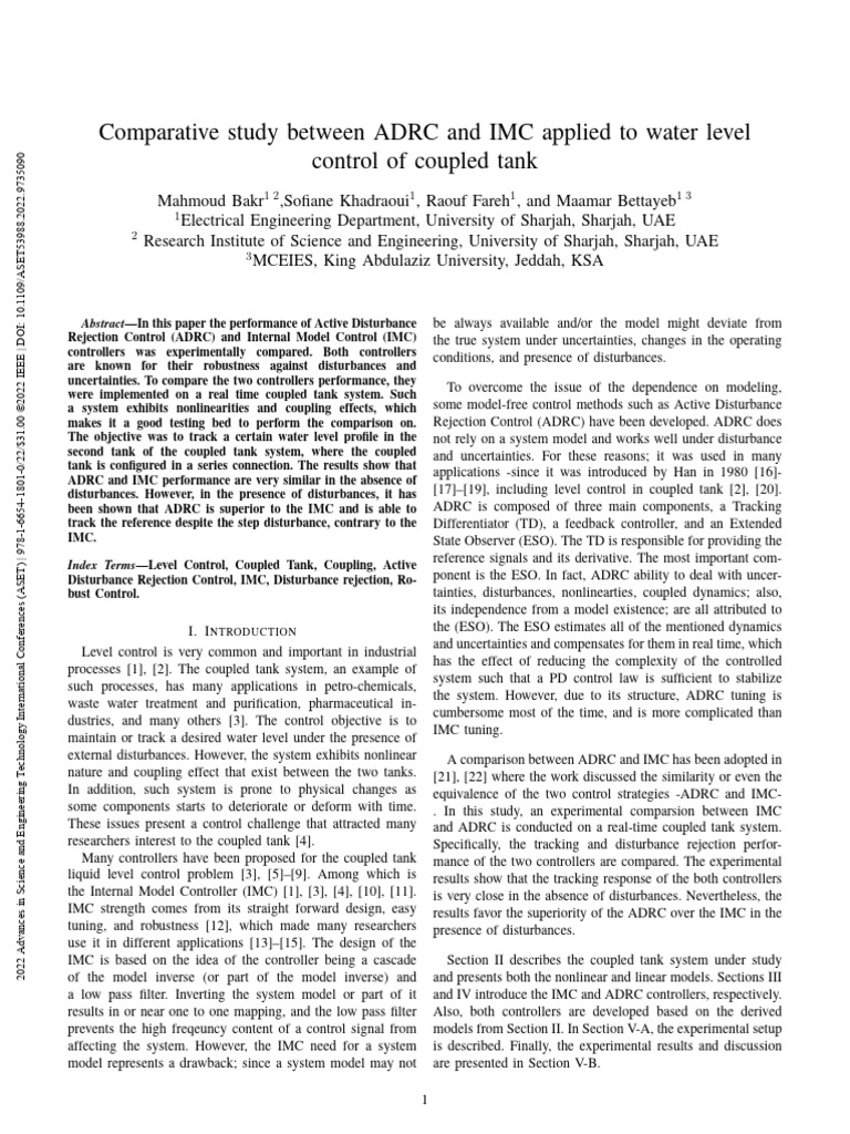 Comparative Study Between ADRC and IMC Applied To Water Level Control ...