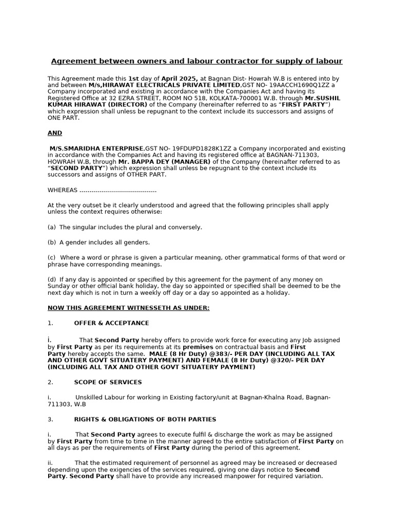 Labour Supply Agreement Template | PDF | Indemnity | Legal Liability