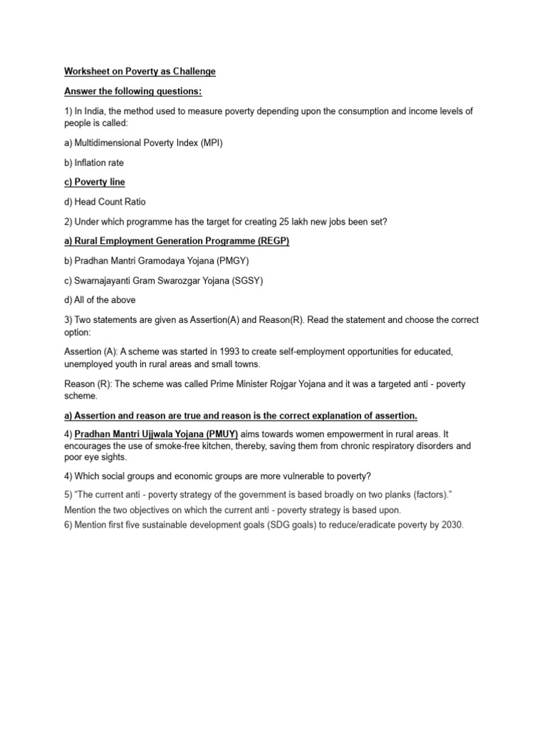 Worksheet on Poverty Measurement & Strategies | PDF