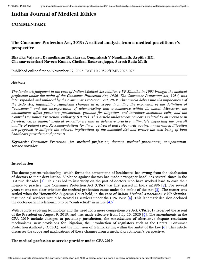 Ijme.in Articles Comment the Consumer Protection Act 2019 a Critical Analysis From a Medical ...