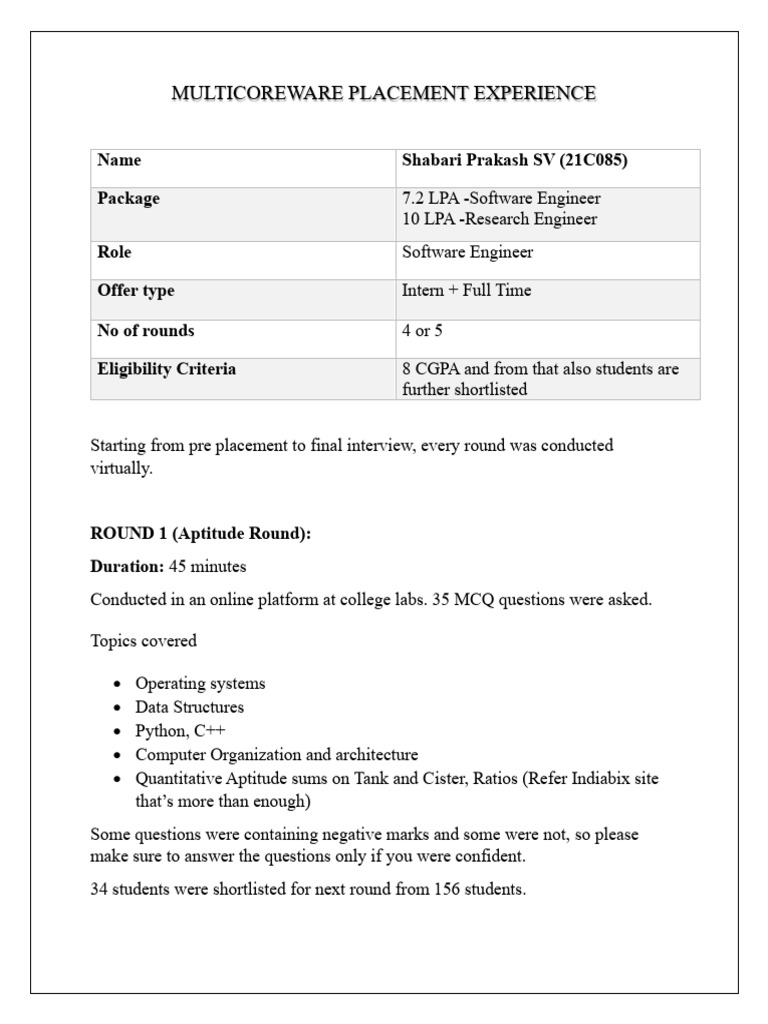 MCW PlacementExp Shabari Prakash | PDF | Pointer (Computer Programming ...