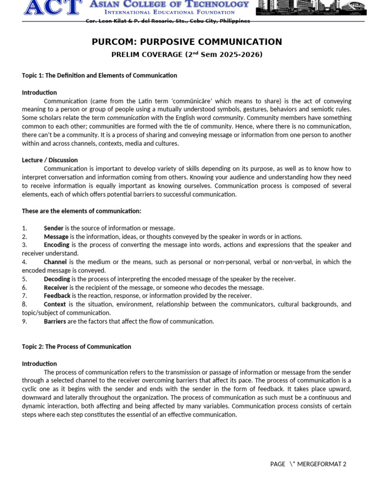 PURCOM Module AY 2ND SEM 2025 2026 | PDF | Nonverbal Communication ...