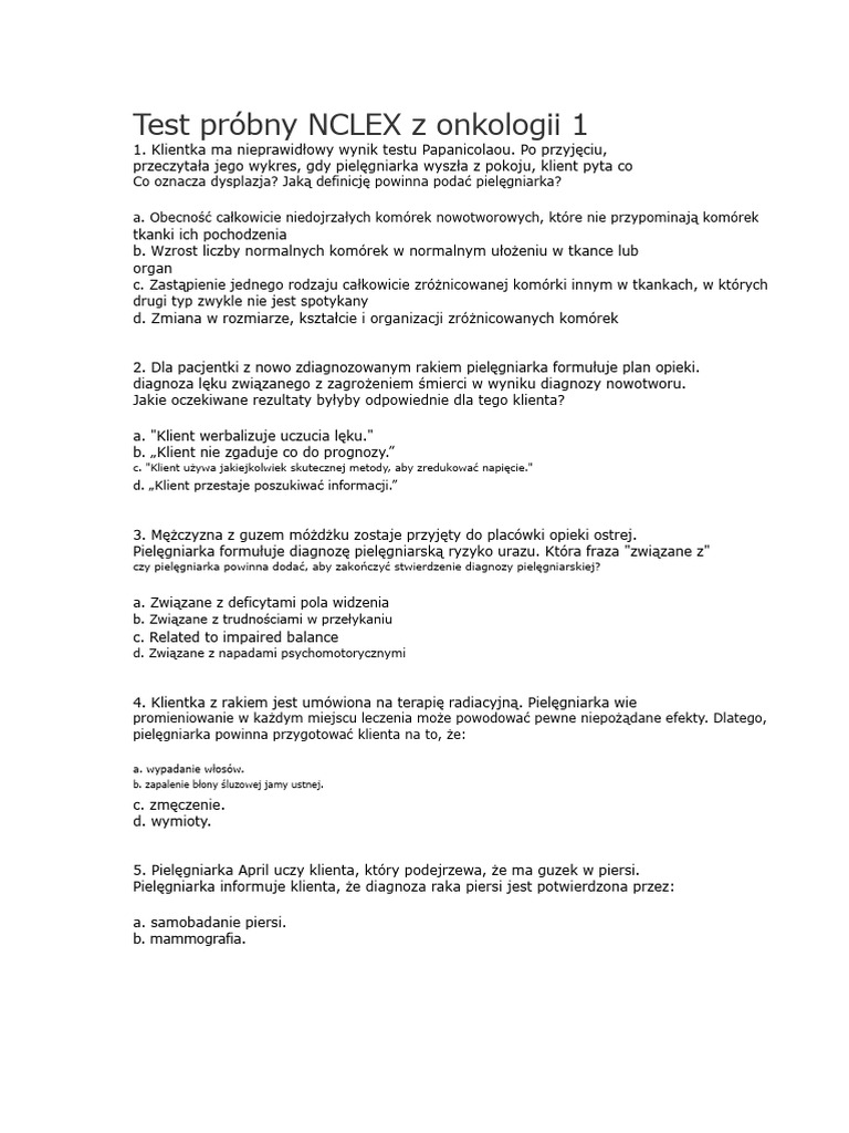Test praktyczny NCLEX z onkologii 1.doc | PDF