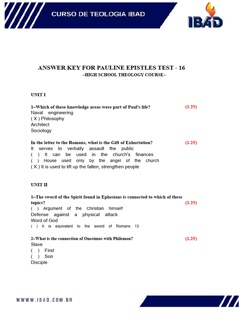 Pauline Epistles Test Answer Key | PDF