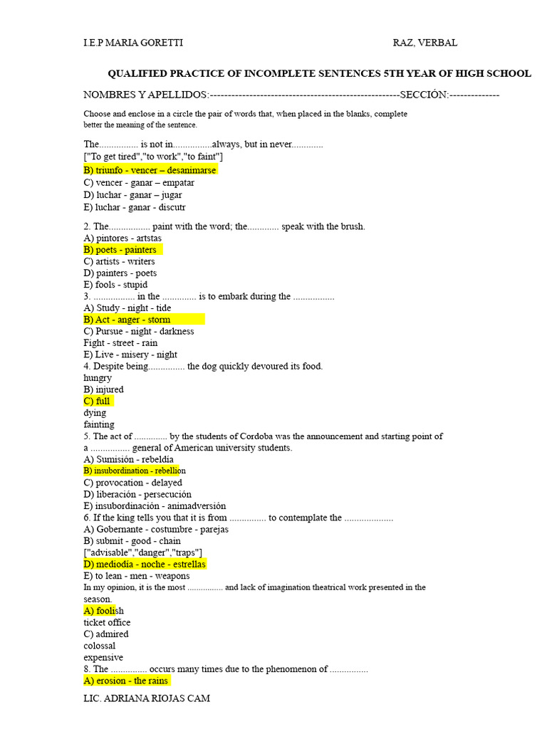 Qualified Practice of Incomplete Sentences 5TH Grade of High School ...