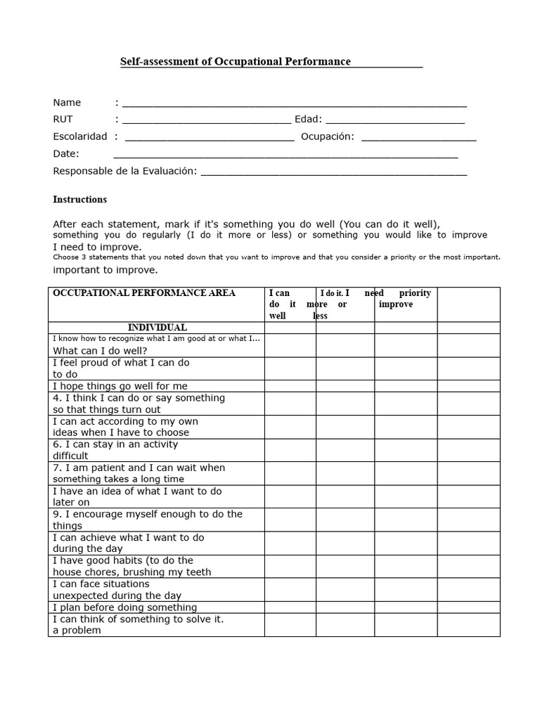 Self-Assessment of Occupational Performance MOHO | PDF