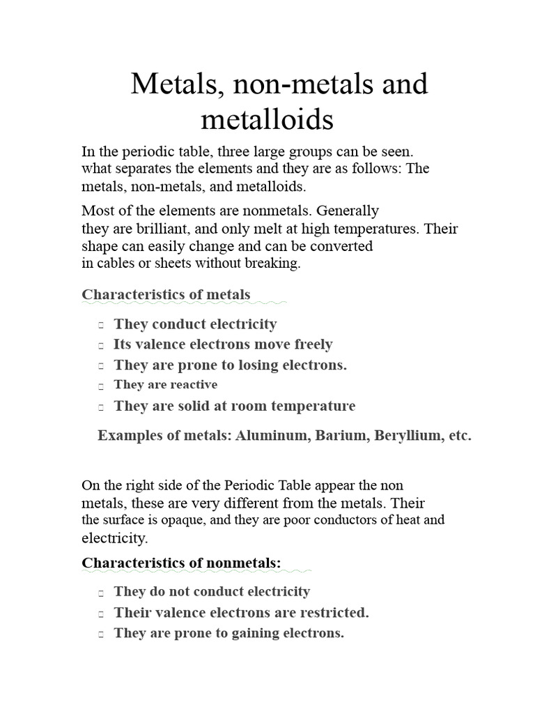 Metals, Non-Metals, Metalloids, and Noble Gases - Project | PDF