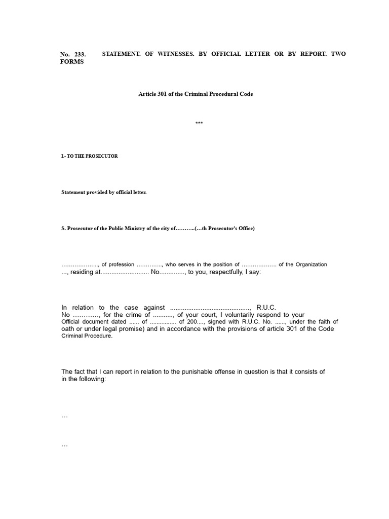 No. 233 DECLARATION. OF WITNESSES. BY OFFICIAL OR BY REPORT. TWO FORMS ...