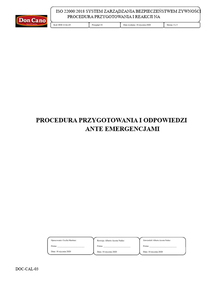 DOC-CAL-03 PROCEDURA PRZYGOTOWANIA I REAKCJI NA SITUACJE AWARYJNE ...